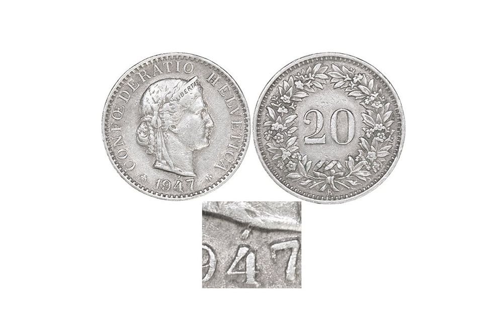 20 Rappen Abart (Tropfen unter Hals) von 1947. Ab 1.-- (Gebraucht) in Kollbrunn für CHF 4 – mit ...