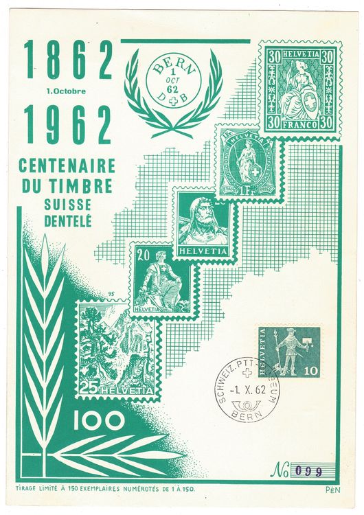 Carte PEN Centenaire du timbre Suisse dentelé(Tirage 150) (Gebraucht ...