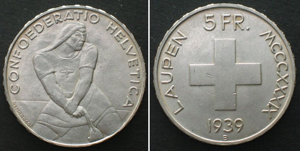 Schweiz 5 Franken 1939 SCHLACHT BEI LAUPEN Silber ERHALTUNG! (Gebraucht) in Riehen für CHF 160 ...