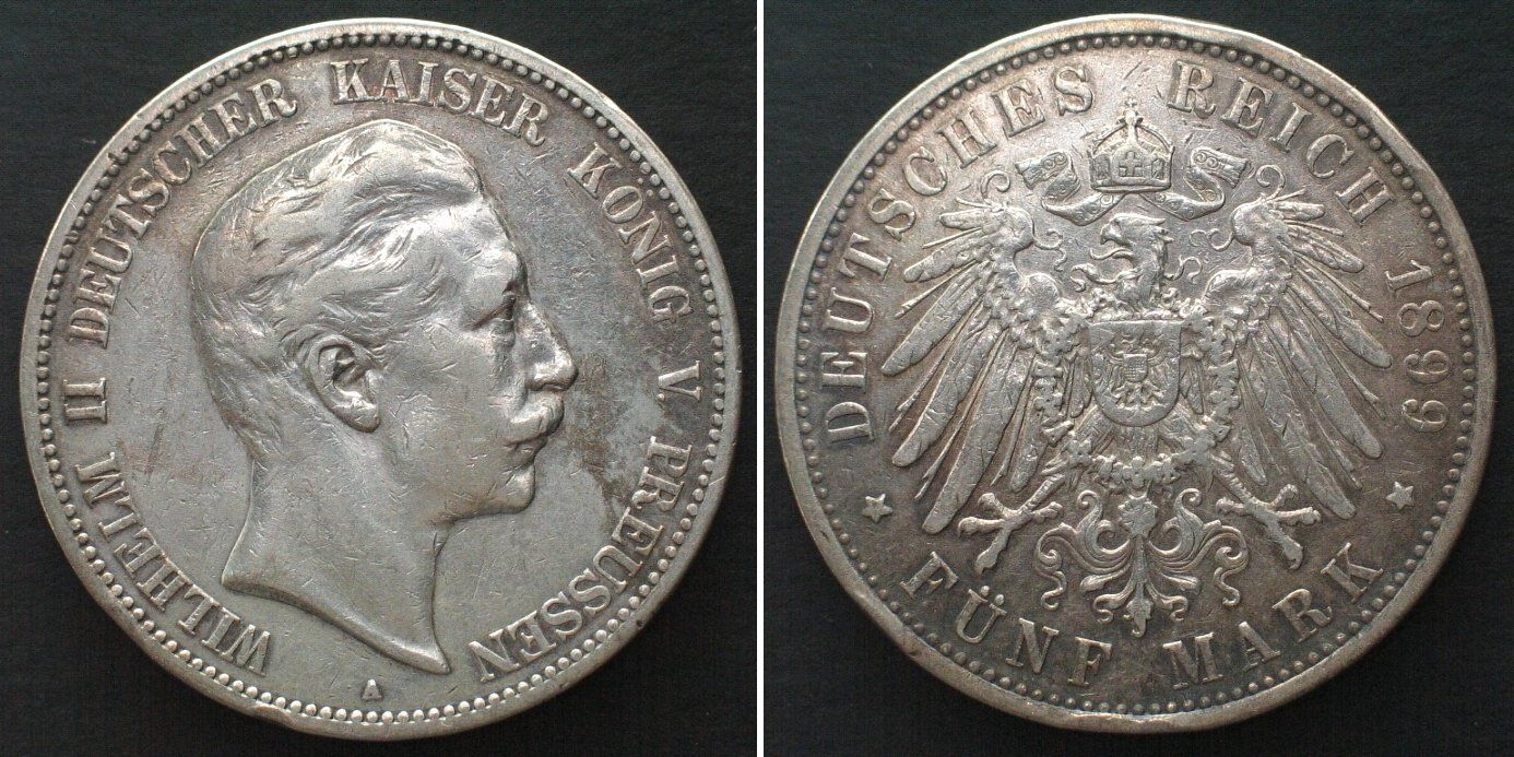 PREUSSEN 5 Mark 1899 A, WILHELM II. Silber ss+ (Gebraucht) in Riehen ...