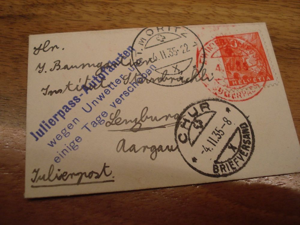 Kleinbrief Julierpass-Autofahrt, roter Stempel, 1936 (Gebraucht) in Niederwil AG für CHF 4.2 ...