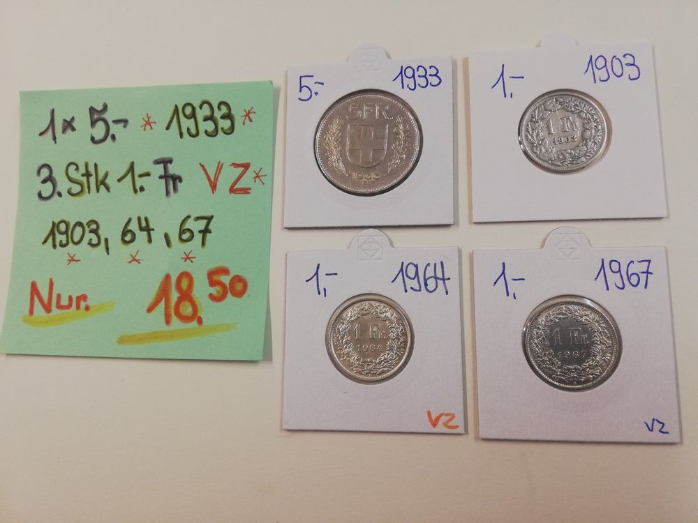 Schweizer Silbermünzen 1x 5Fr. 1933/ 3x 1Fr.1903/64/67 Top! (Gebraucht) in Engi für CHF 17 – mit ...