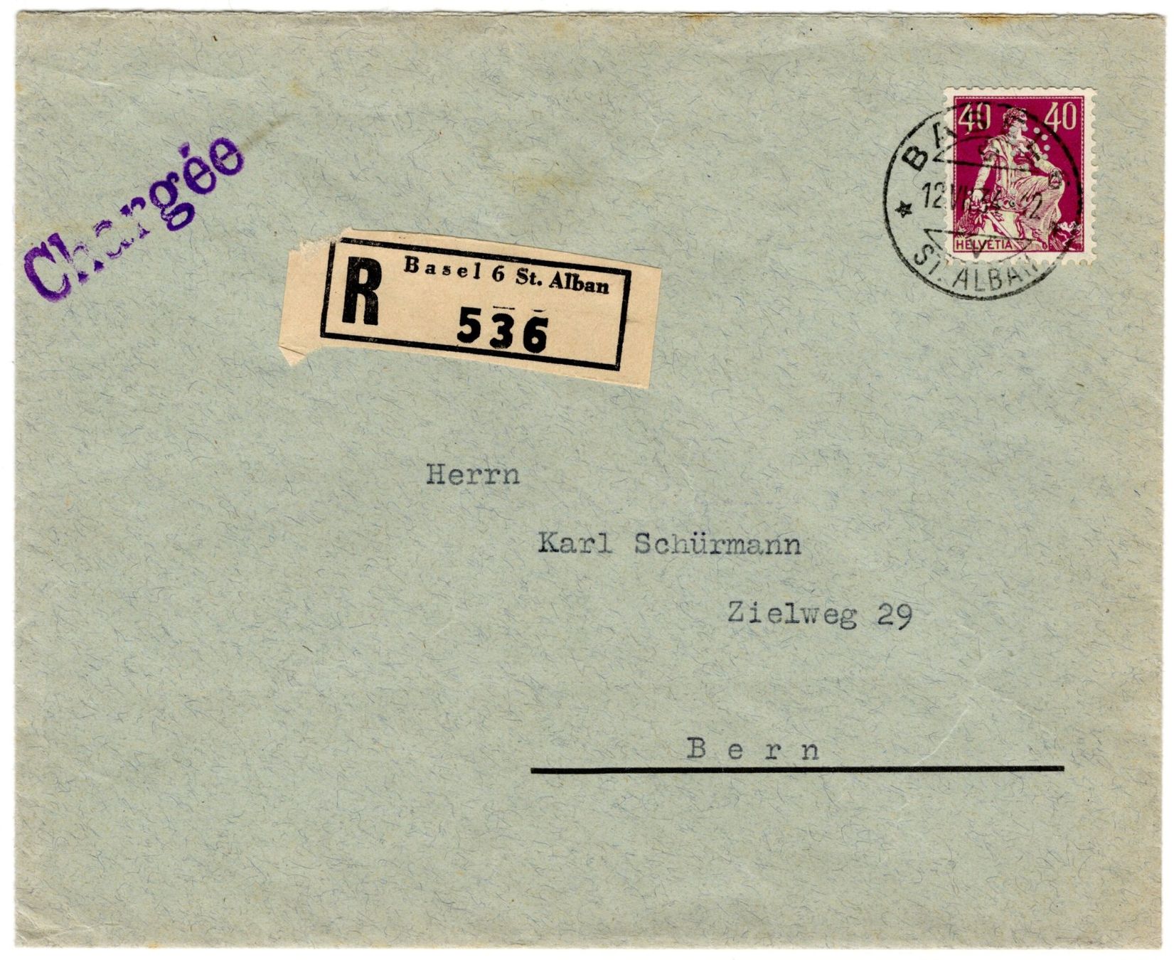 Rollenmarken-Perfin P auf Chargé-Brief von BASEL nach BERN (Gebraucht) in Eglisau für CHF 30 ...