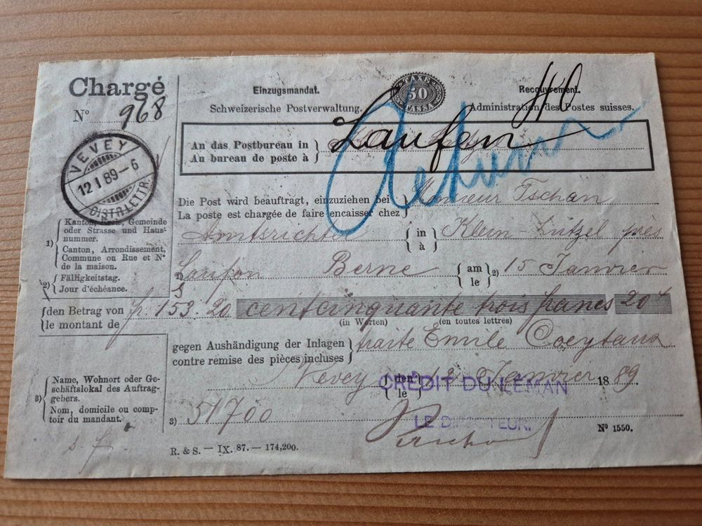 CH-Einzugsmandat aus 1889 mit int. Stempel Zustand gem.Bild (Gebraucht) in Oberuzwil für CHF 1 ...
