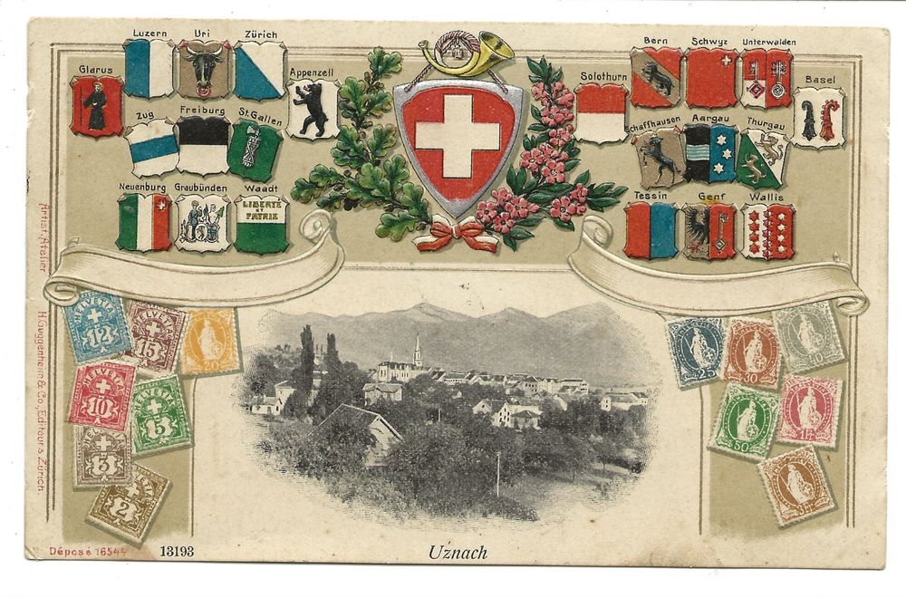 Uznach (SG) Passepartout-Litho - Wappen - Briefmarken - 1906 (Gebraucht ...