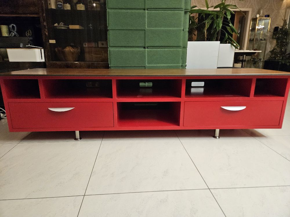 Mid-Century Modern Red TV Stand/Console, Wood Top, Drawers (Gebraucht ...