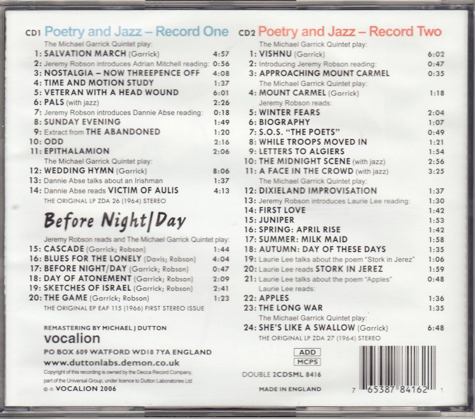 Michael Garrick Quintet Poetry And Jazz In Concert (Neu (gemäss ...