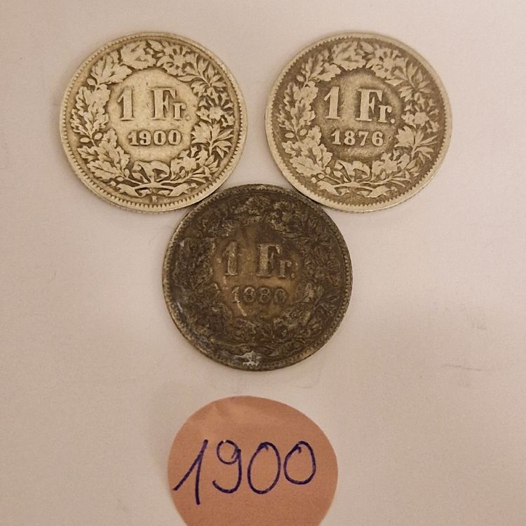 3 Silbermünzen 1 Fr. Helvetia 1876/1880/1900 Schweiz (Gebraucht) in Stans für CHF 16.5 – mit ...