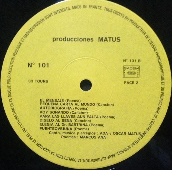 Ada Y Oscar Matus Poemas Y Canciones Marcos Ana LP Argentina (Gebraucht ...