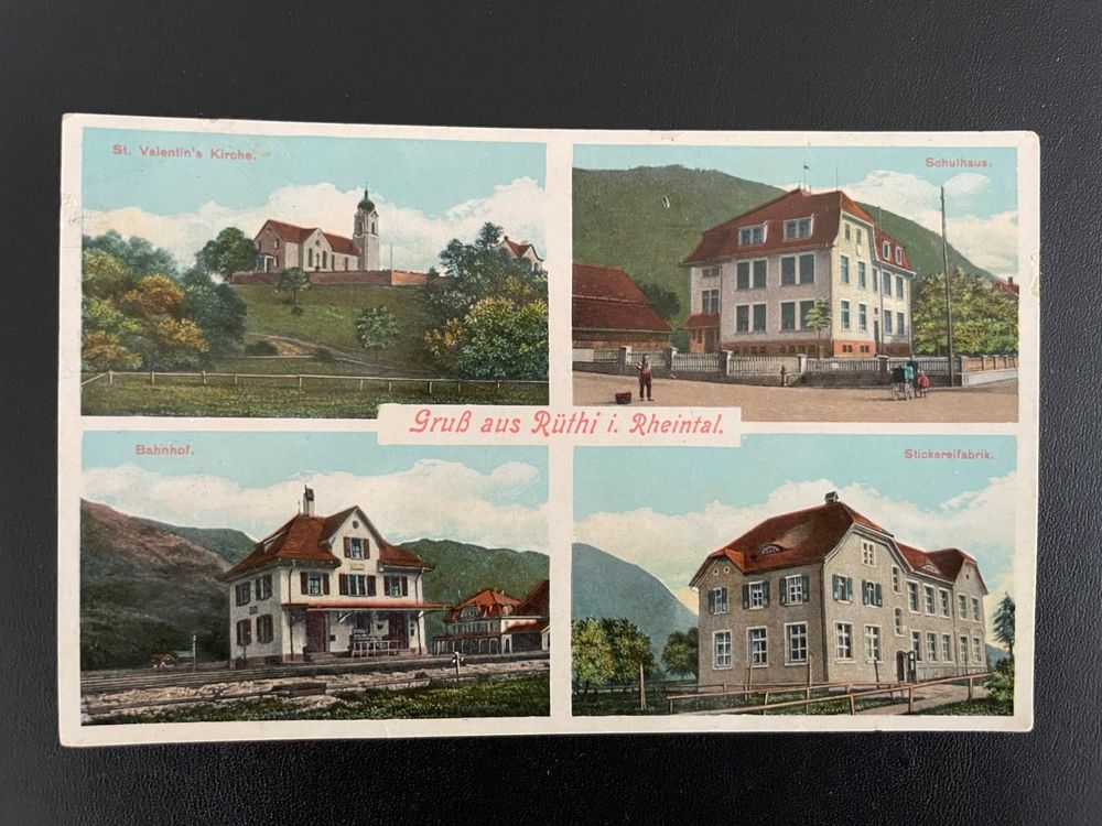 AK SG Gruss aus Rüthi (Rheintal) Schulhaus, Bahnhof, Sticker (Gebraucht) in Thal für CHF 24 ...