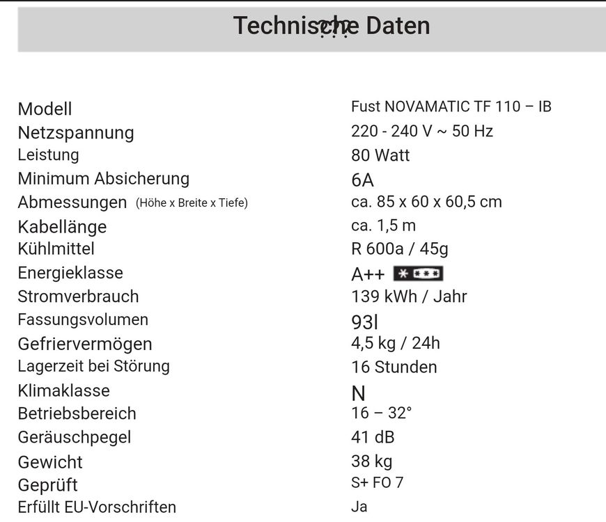 Tiefkühlschrank Novamatic TF 110-IB, 93l (Gebraucht) in Brenzikofen für ...