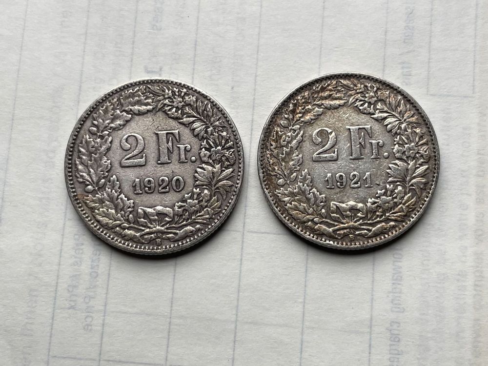 Silber 2 Franken Schweiz 1920 + 1921 (Gebraucht) in Baar für CHF 22 – mit Lieferung auf Ricardo ...