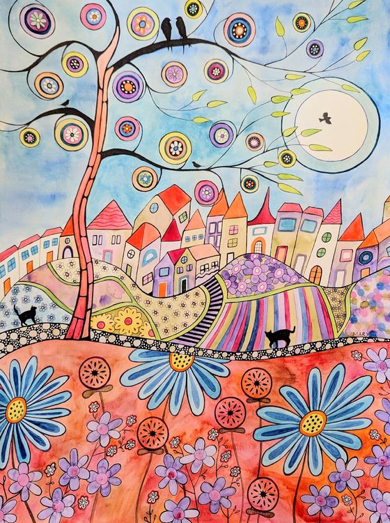 Original Aquarell das Dorf hinter der roten Wiese Bild (Neu und originalverpackt) in Wittenbach ...