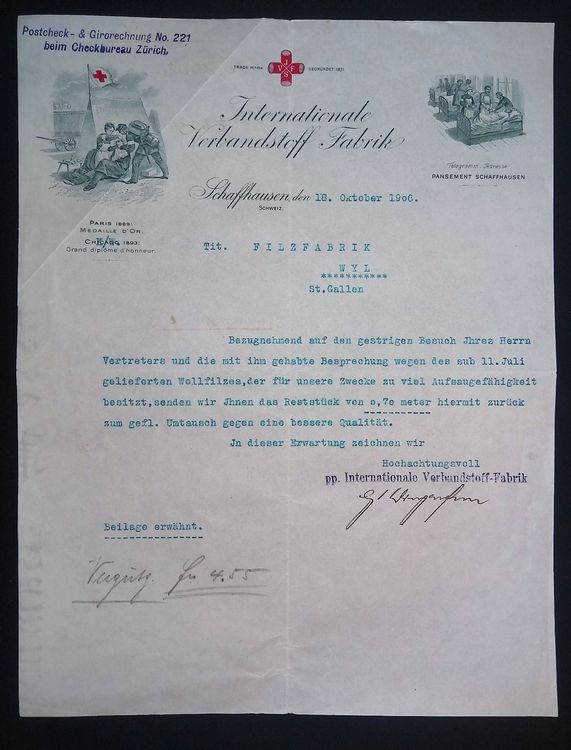 International Verbandstoff Fabrik Schaffhausen Rechnung 1906 (Gebraucht) in Russo für CHF 7 ...