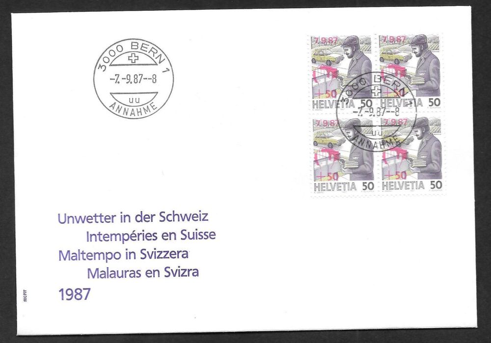 FDC W66 Viererblock Unwetter in der Schweiz ET Bern 7.9.1987 (Neu (gemäss Beschreibung)) in ...