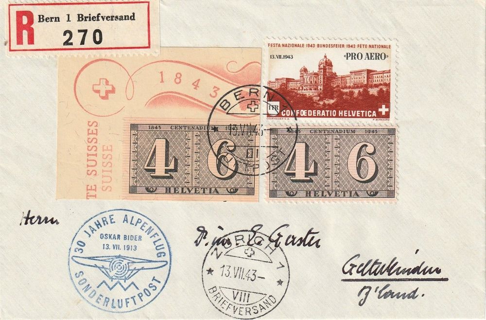Pro Aero 1943, Flugbrief mit ZH 4+6 und Luxusblattausschnitt (Gebraucht) in Turgi für CHF 16 ...