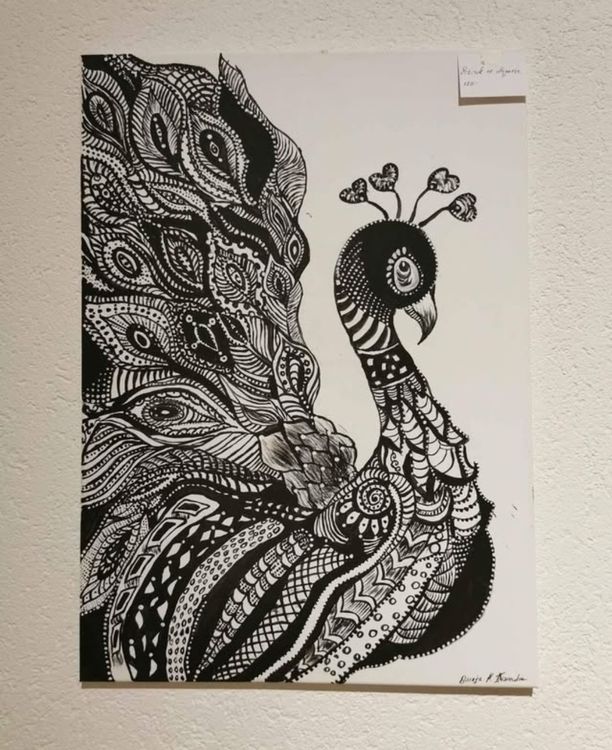 Handgezeichneter Pfau, Unikat, Acryl auf Leinwand (Neu und ...