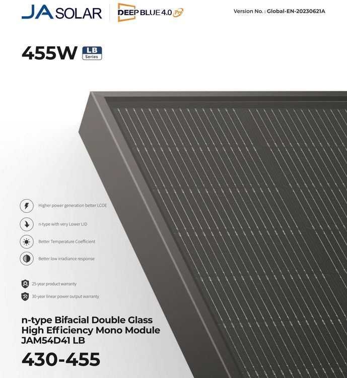 JA Solar JAM54D41 LB Bifazial Glas/Glas 440 Watt (Neuf avec emballage d ...
