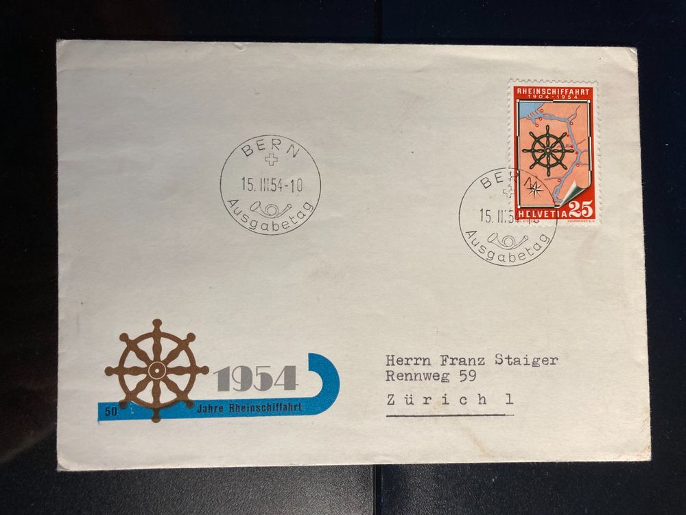 Schweiz 1954 ill. Ersttagsbrief 50 Jahre Rheinschifffahrt (Gebraucht) in Liestal für CHF 10 ...