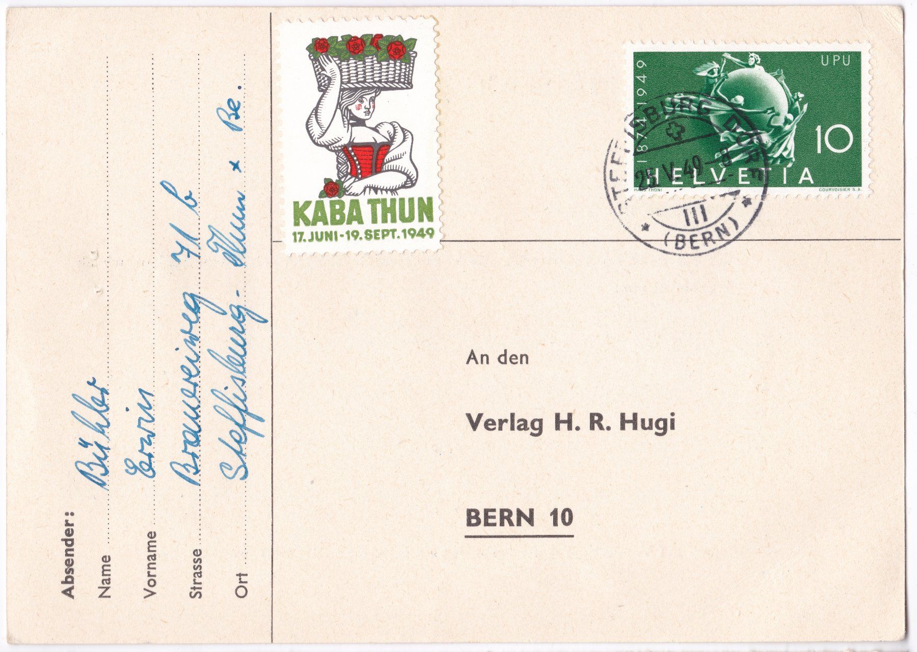 Vignette KABA Thun 1949 auf PK ab Steffisburg Dorf, UPU (Gebraucht) in Basel für CHF 2.2 – mit ...