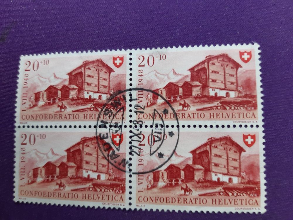 Vollstempel Wädenswil, 4er Block PP 1948, Walliserhaus 20 Rp (Gebraucht ...