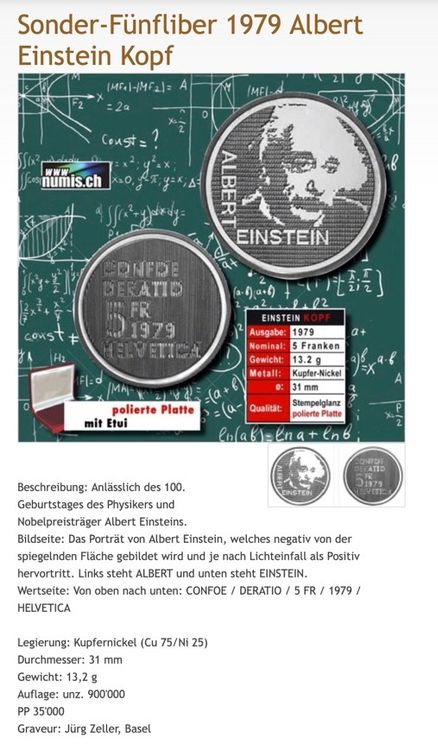 Sammlerstück CHF 5 Sonder-Fünfliber 1979, Einstein Kopf | Kaufen auf Ricardo