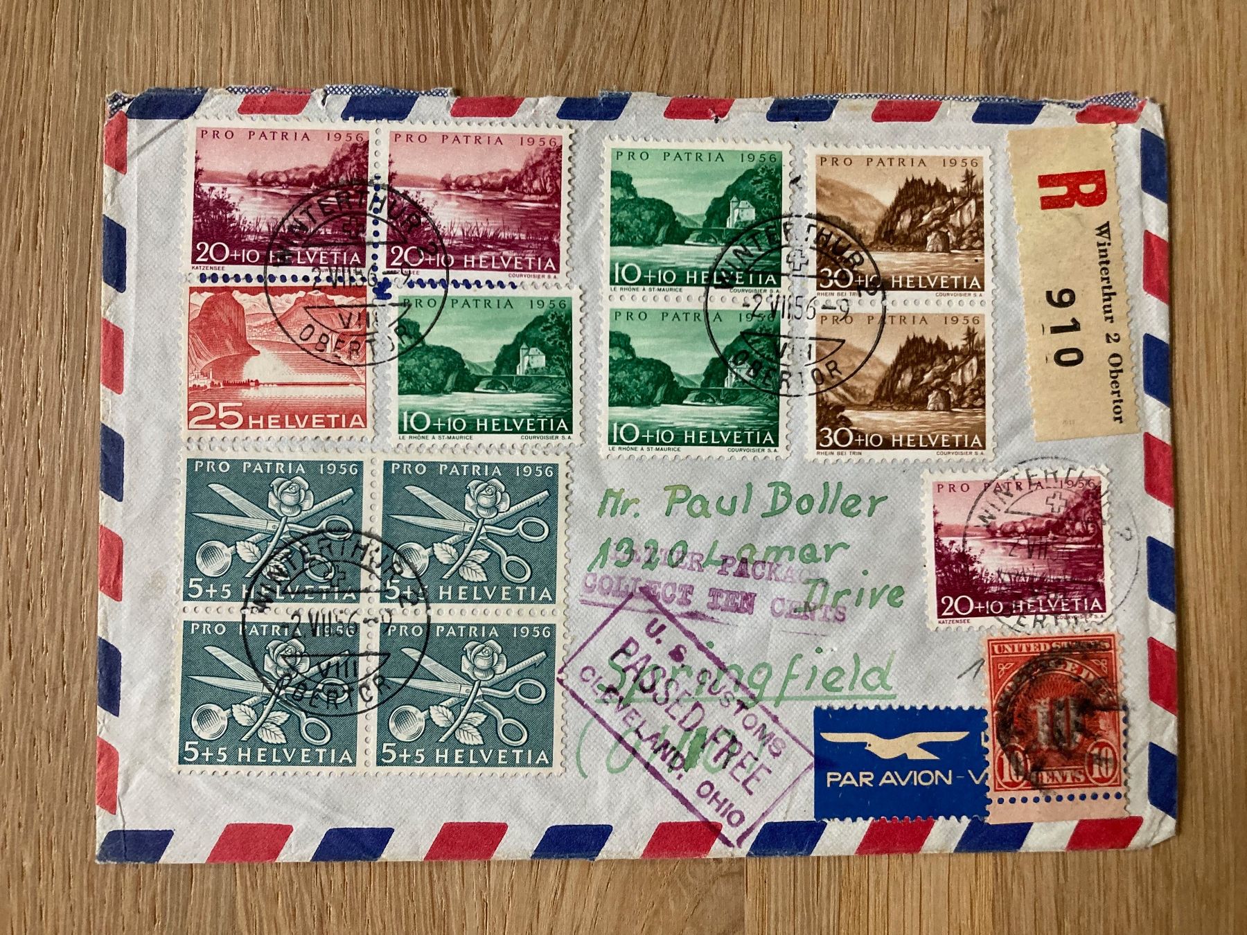 Flugpostbrief 1956 mit Pro Patria und Nachporto (Gebraucht) in Aesch BL ...