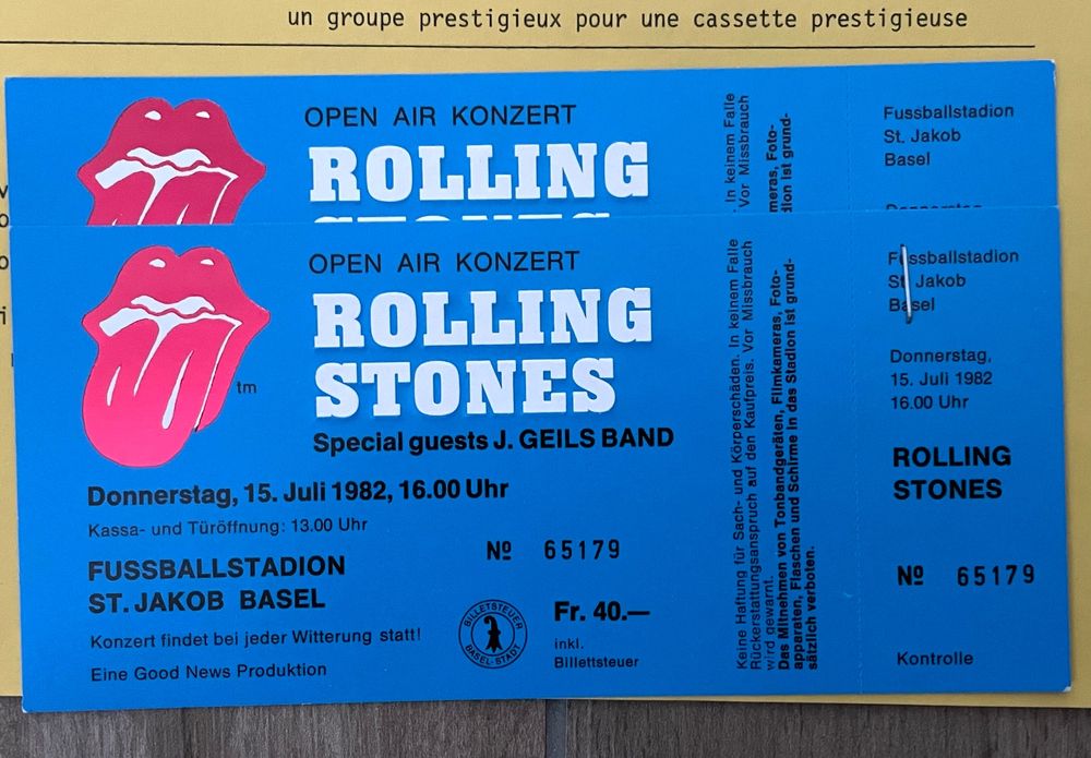 RAR! 2 originale Rolling Stones Tickets 15.07.1982 Basel (Neu (gemäss ...