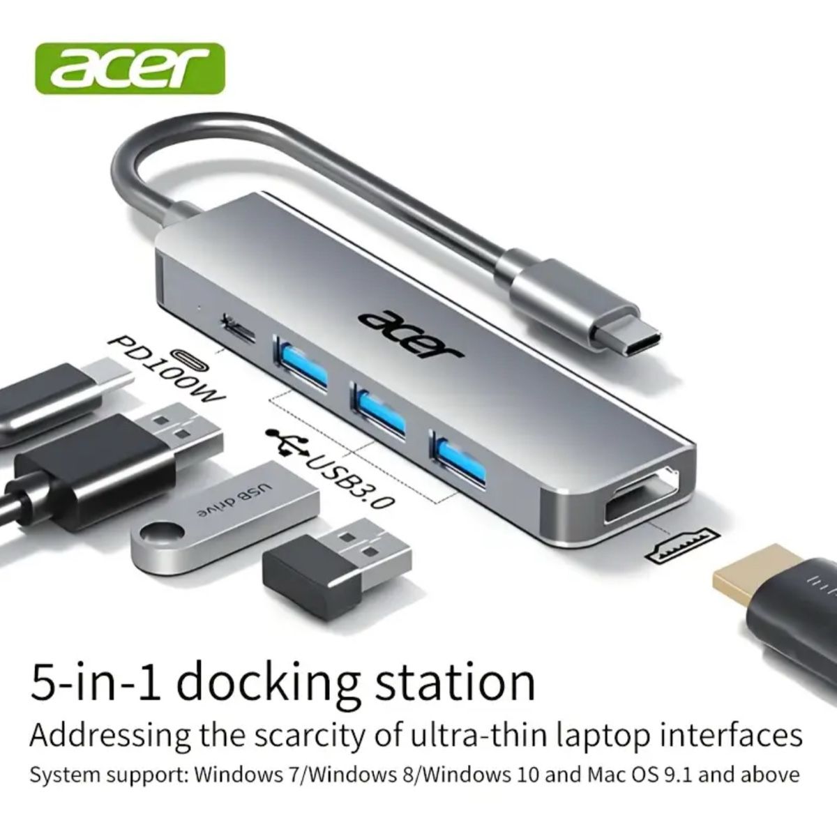 Acer 5-in-1 USB-C Hub – HDMI + 3×USB 3.0 + PD 100W (Neu und ...
