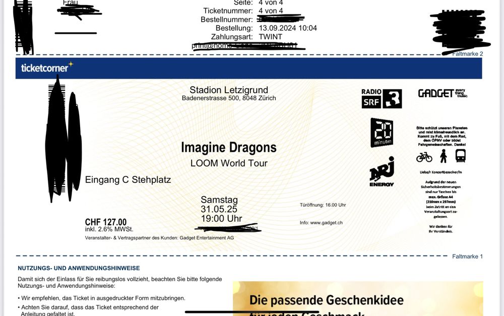 2 x Imagine Dragons Ticket, Zürich, 31.05.25 Stehplatz (Neu (gemäss ...