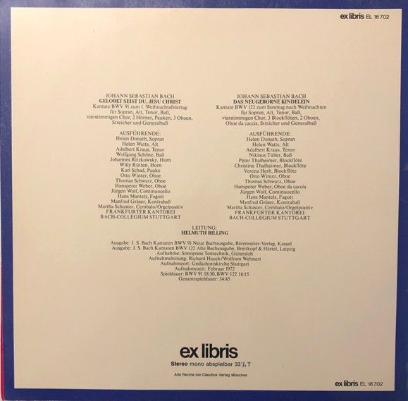 Bach - Kantaten (4 LPs, Helmuth Rilling) (Gebraucht) in Grüningen für ...