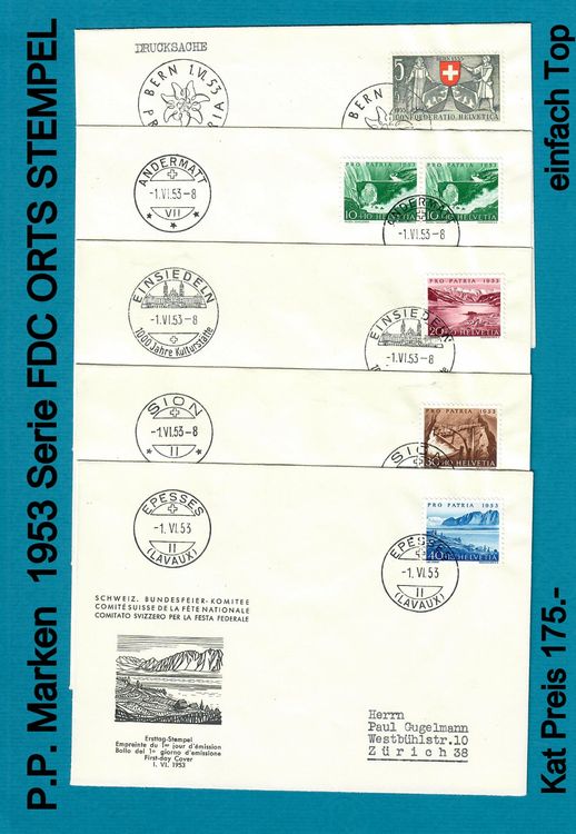 P.P. Marken Top- Serie Stempel 1953 FDC mit ORTS STEMPEL (Gebraucht) in Bützberg für CHF 25 ...