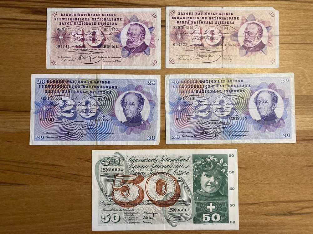 Schweizer Banknoten 50, 20, 10 CHF (Gebraucht) in Bretzwil für CHF 80 ...
