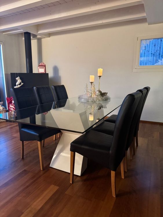 Designer Esstisch X-Form Glas weiss Hochglanz 6 Stühle (Gebraucht) in ...