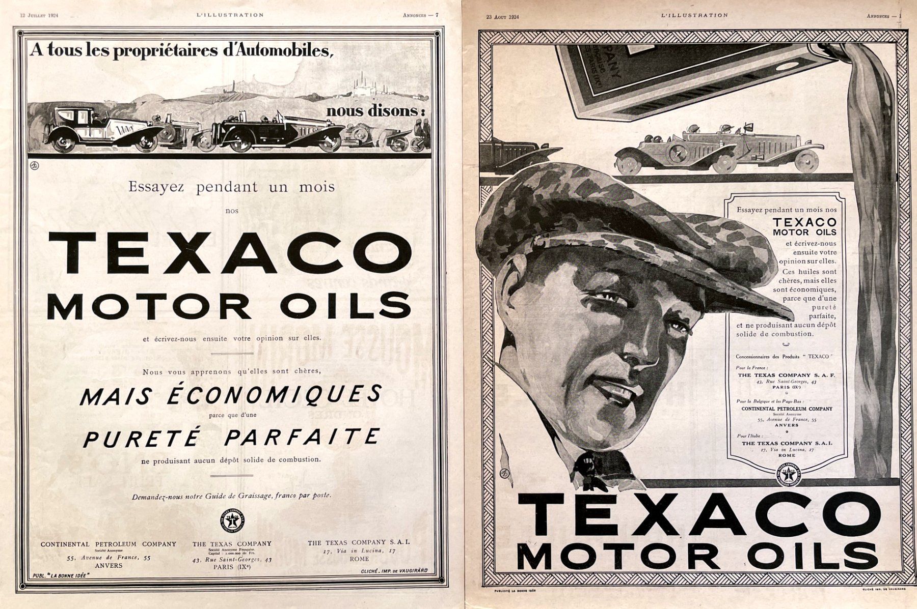 Texaco Motor Oils - 2 alte Werbungen / Publicités 1924 (Gebraucht) in ...