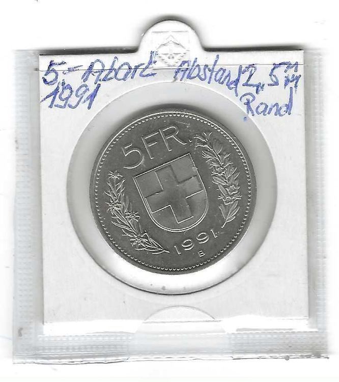 Fr.5.- Abart 1991/ u.E. top Qualität/Randschrift Diff. 2,5mm (Neu (gemäss Beschreibung)) in ...