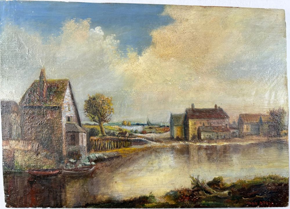 Gemälde - Landschaft mit Häusern am Fluss signiert | Kaufen auf Ricardo