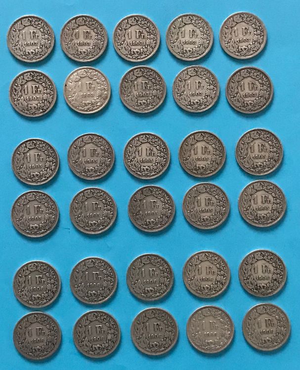 30 Stück 1 Franken-Silber-Münzen je 10 von 1903/1905/1906 (Gebraucht) in Zuerich für CHF 92 ...