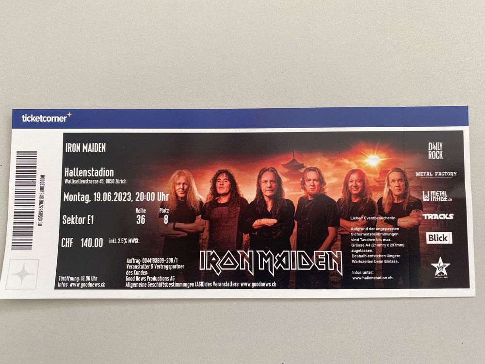 1 Iron Maiden Ticket Zürich, Sektor E1, Reihe 36 (Gebraucht) in ...