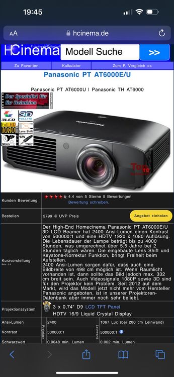 Panasonic PT AT 6000 Highend Segment FullHD Heimkino Beamer (Gebraucht ...