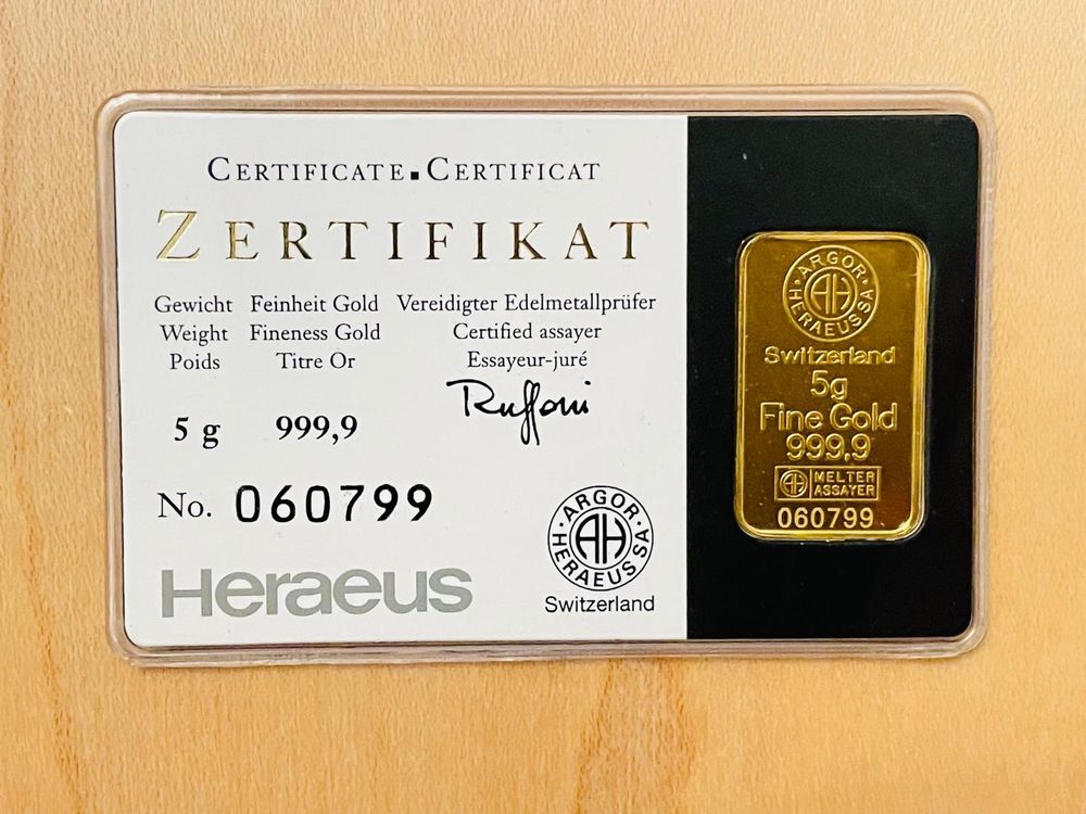 ⭐️ 🇨🇭 5g Heraeus m. Hologramm - Feingold 999.9 Zertifikat! (Neu (gemäss ...