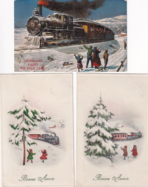 3 x Zug im Schnee, Eisenbahn, Lok • antike AK Neujahr (Gebraucht) in Zürich für CHF 3 – mit ...