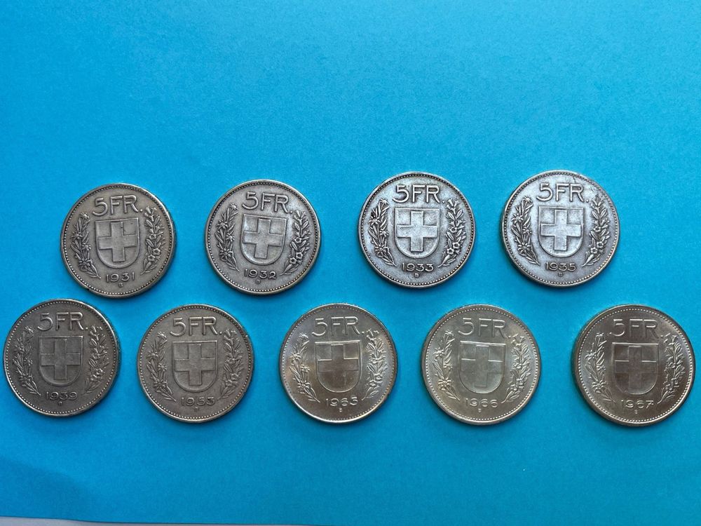 9 Stück Silbermünzen 5 Fr. diverse Jahrgänge (Fünfliber) (Gebraucht) in Buonas für CHF 95 – mit ...
