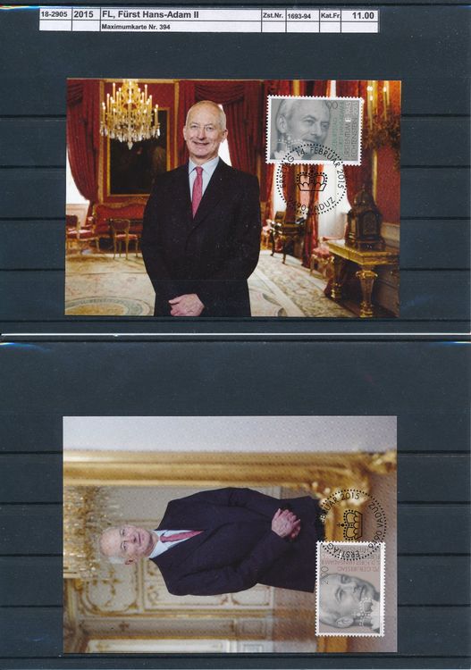 2015 Liechtenstein, Fürst Hans-Adam II., Maximumkarten (Gebraucht) in Winterthur für CHF 4.5 ...