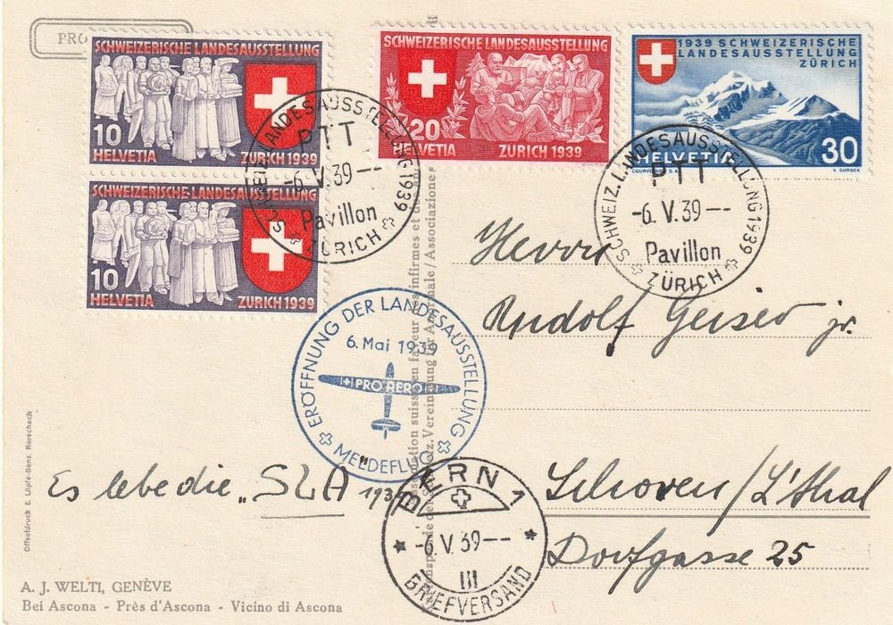 Meldeflug Landi 1939 auf Pro Infirmis-Karte, mit Landi-Satz (Gebraucht) in Turgi für CHF 1 – mit ...