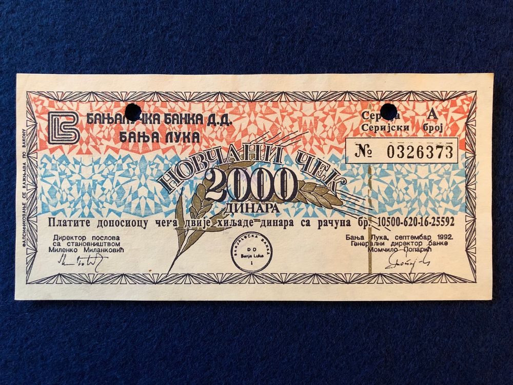 Banja Luka 1992 - Bosnien - Scheck 2000 Dinara | Kaufen auf Ricardo