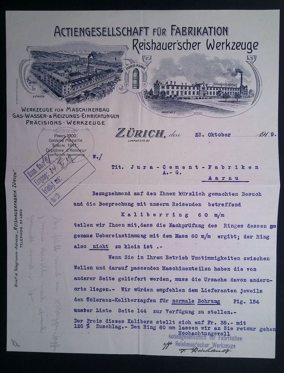 Rechnung Briefkopf AG Reishauersche Werkzeuge Zürich 1919 (Gebraucht) in Russo für CHF 8 – mit ...