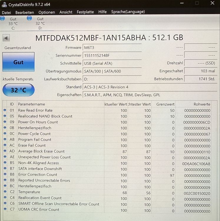 Micron M600 512GB SSD SATA - Top Zustand! Schnell! (Gebraucht) in ...