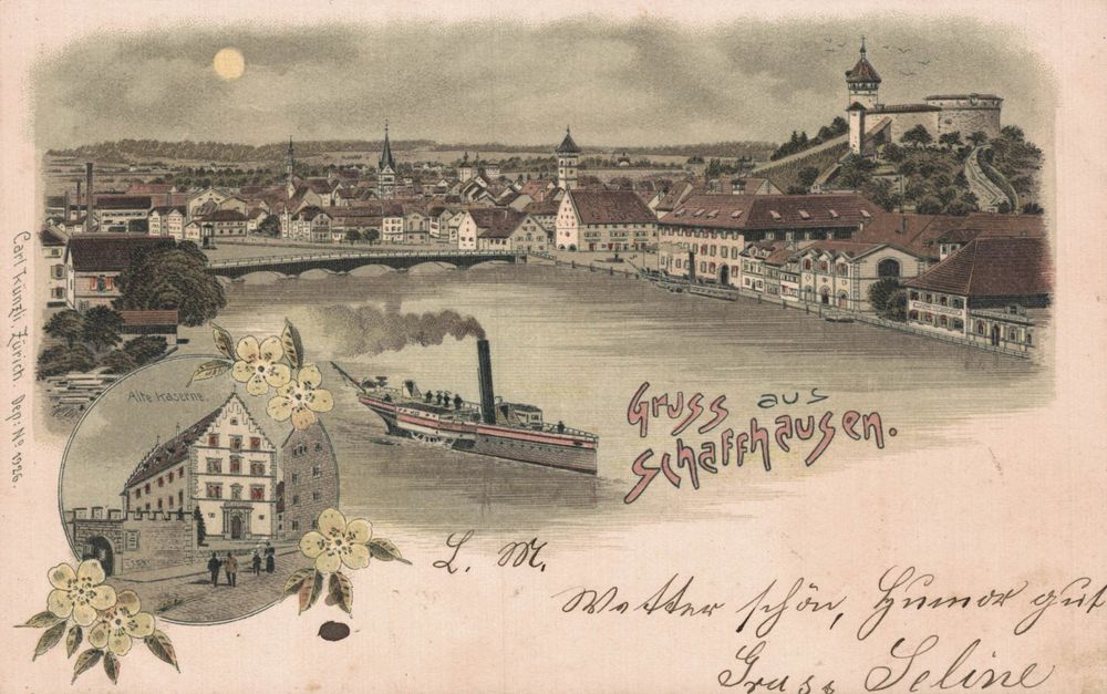 Gruss aus Schaffhausen, alte Kaserne, Dampfschiff, 1899 (Gebraucht) in Bronschhofen für CHF 12 ...