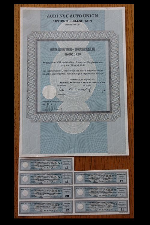Genuss-Schein Audi NSU Auto Union AG vom August 1969 (Gebraucht) in Wil ...